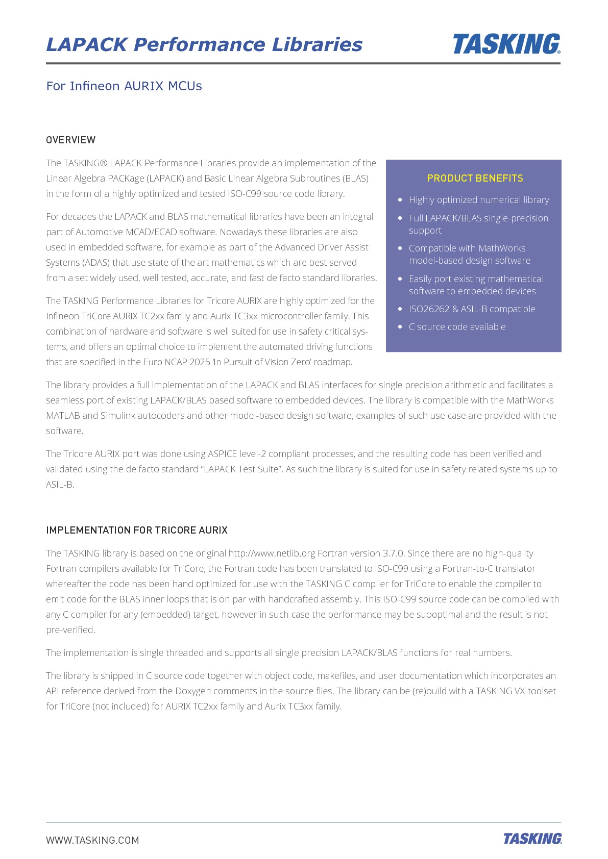 Tasking Lapack Perfomance Libraries Datasheet Tasking